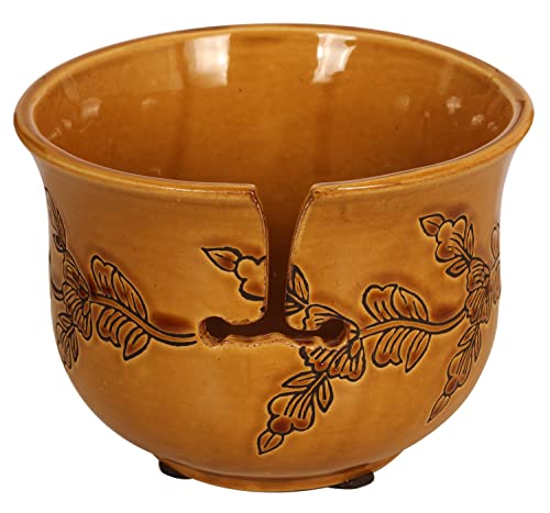 ABHANDICRAFTS Knitting Yarn Ball Storage Bowl Yellow Color Ceramic Yarn Bowl for Knitting and Crocheting with Hand Carved Floral Design