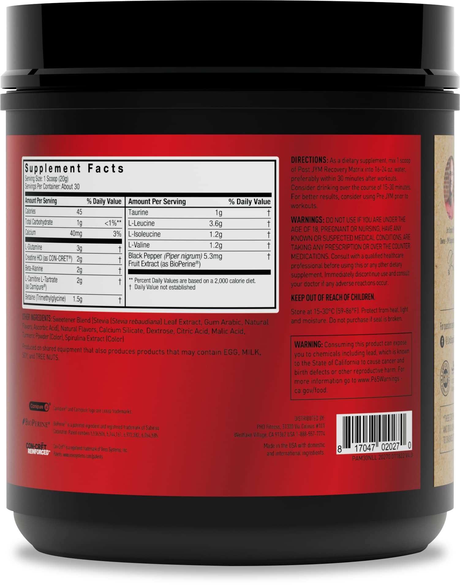 Post JYM Active Matrix - Post-Workout with BCAA's, Glutamine, Creatine HCL, Beta-Alanine, and More | JYM Supplement Science | Natural Lemon Lime Flavor, 30 Servings