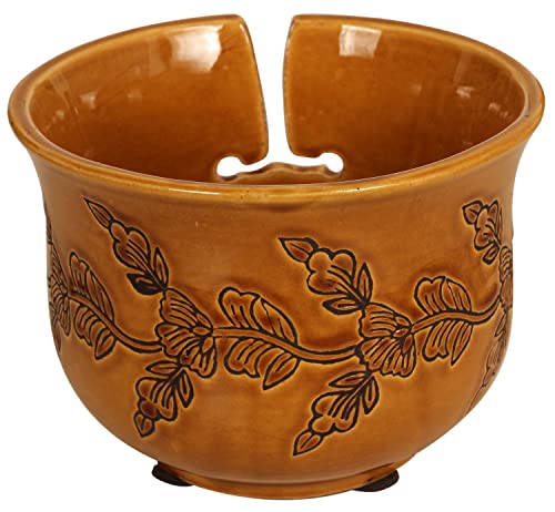 ABHANDICRAFTS Knitting Yarn Ball Storage Bowl Yellow Color Ceramic Yarn Bowl for Knitting and Crocheting with Hand Carved Floral Design