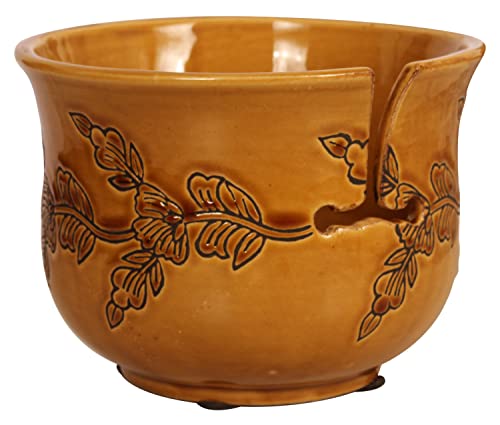 ABHANDICRAFTS Knitting Yarn Ball Storage Bowl Yellow Color Ceramic Yarn Bowl for Knitting and Crocheting with Hand Carved Floral Design