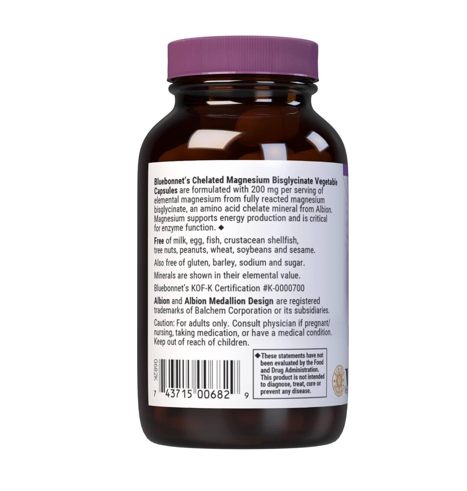 Bluebonnet Nutrition Albion Chelated Magnesium Vegetable Capsule, 200 mg, Stress Relief, Vegan, Non GMO, Gluten Free, Soy Free, Milk Free, Kosher, 60 Vegetable Capsule, 1 Month Supply