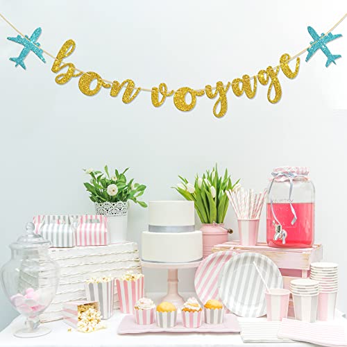 Halodete Bon Voyage Banner, Retirement Banner, Farewell, Going Away, Adventure Awaits Celebration Party Garland Bunting Decorations - Gold Glitter