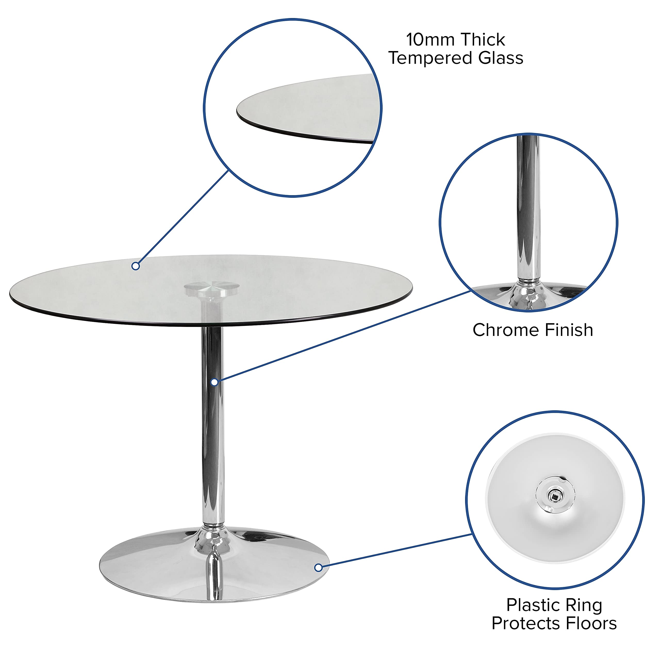 Flash Furniture Hills 39.25'' Round Glass Dining Table with 29''H Chrome Base, Decorative Narrow Round Tempered Glass Cocktail Table, Clear/Silver