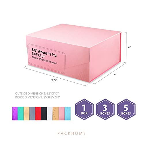 PACKHOME Gift Box 9x6.5x3.8 Inches, Bridesmaid Box, Rectangle Collapsible Box with Magnetic Lid for Gift Packaging (Matte Pink, Grain Texture)