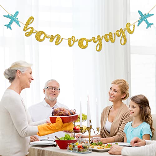 Halodete Bon Voyage Banner, Retirement Banner, Farewell, Going Away, Adventure Awaits Celebration Party Garland Bunting Decorations - Gold Glitter
