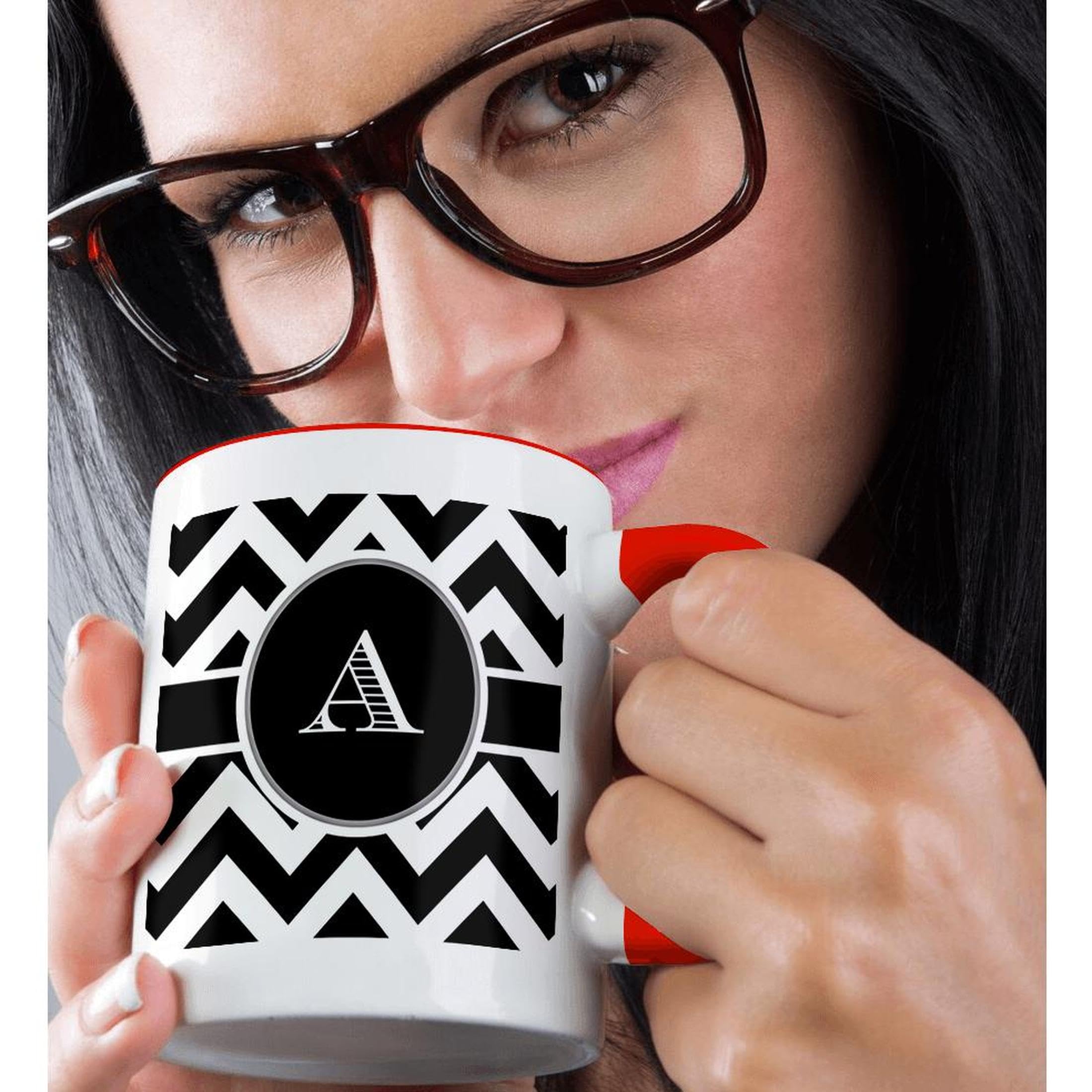 3dRose Chevron Monogram Initial A Ceramic Mug, 1 Count (Pack of 1), Black/White/Red