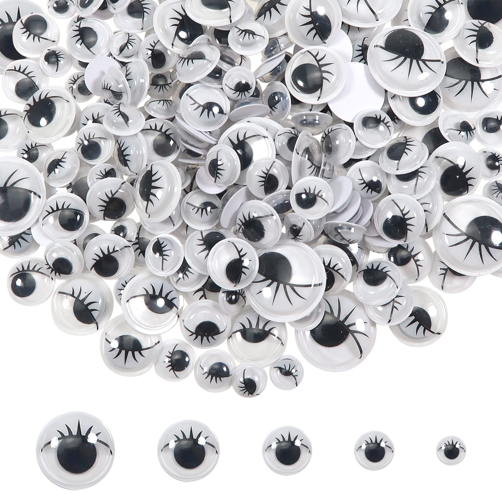 TOAOB 200pcs Black Wiggle Googly Eyes Self Adhesive with Eyelashes Round 8mm 10mm 12mm 15mm 20mm Plastic Sticker Eyes for DIY Crafts Scrapbooking Decoration