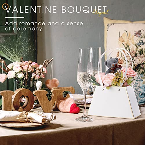 12 Pcs Craft Paper Flower Gift Bags Portable Bouquet Bags Box with Handle Waterproof Bouquet Gift Box Flowers Trapezoidal Florist Packaging Wrap for Valentine's Day Mother's Day (Black, White)