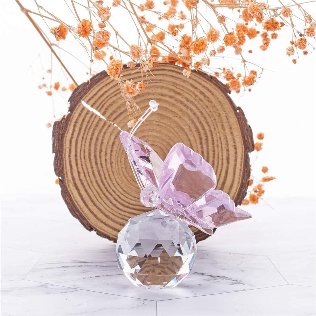 H&D HYALINE & DORA Pink Crystal Flying Butterfly with Crystal Ball Base Figurine Collection Cut Glass Ornament Statue Animal Collectible
