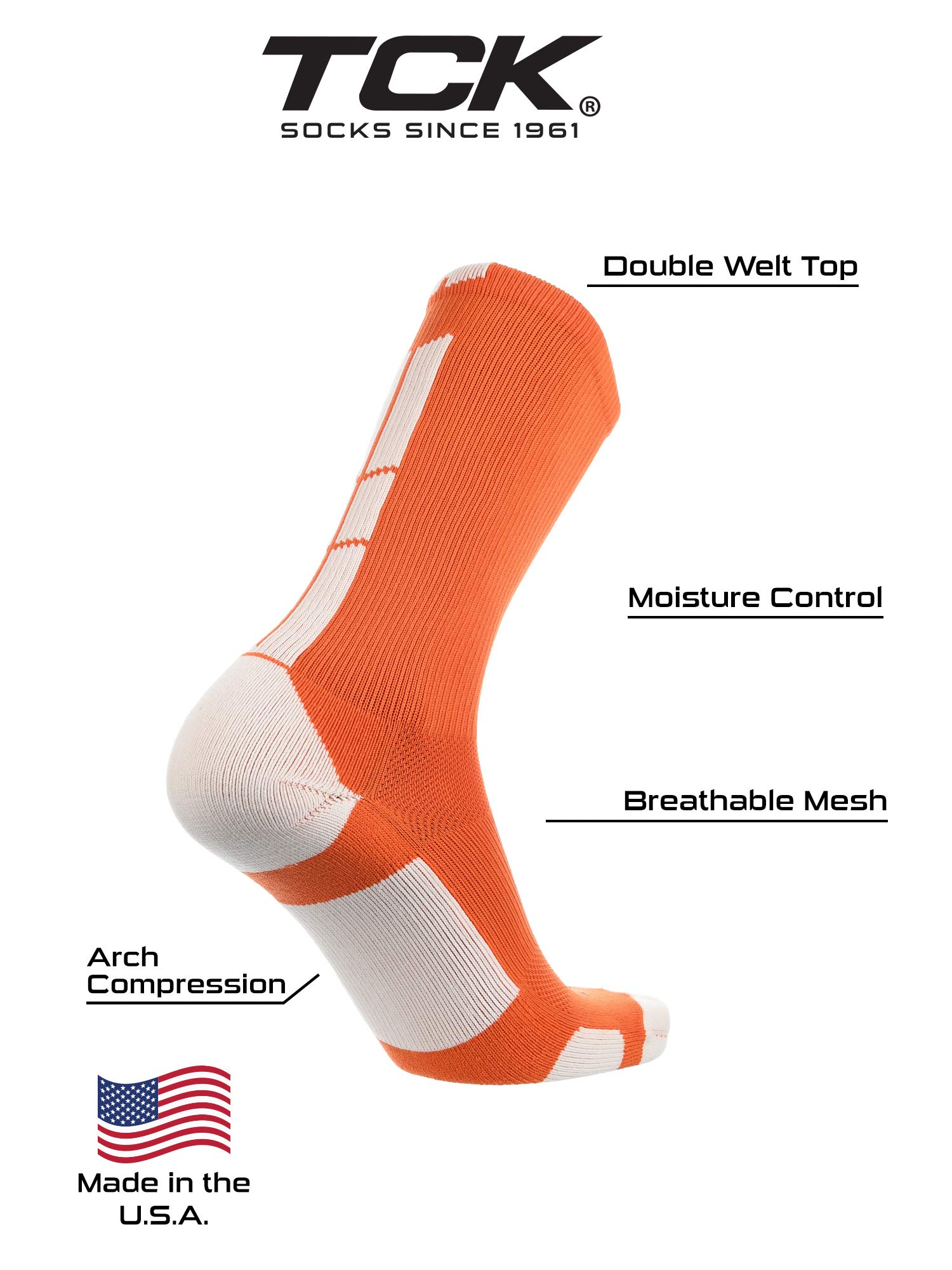 TCK Baseline 3.0 Athletic Crew Socks (Orange/White, Large)