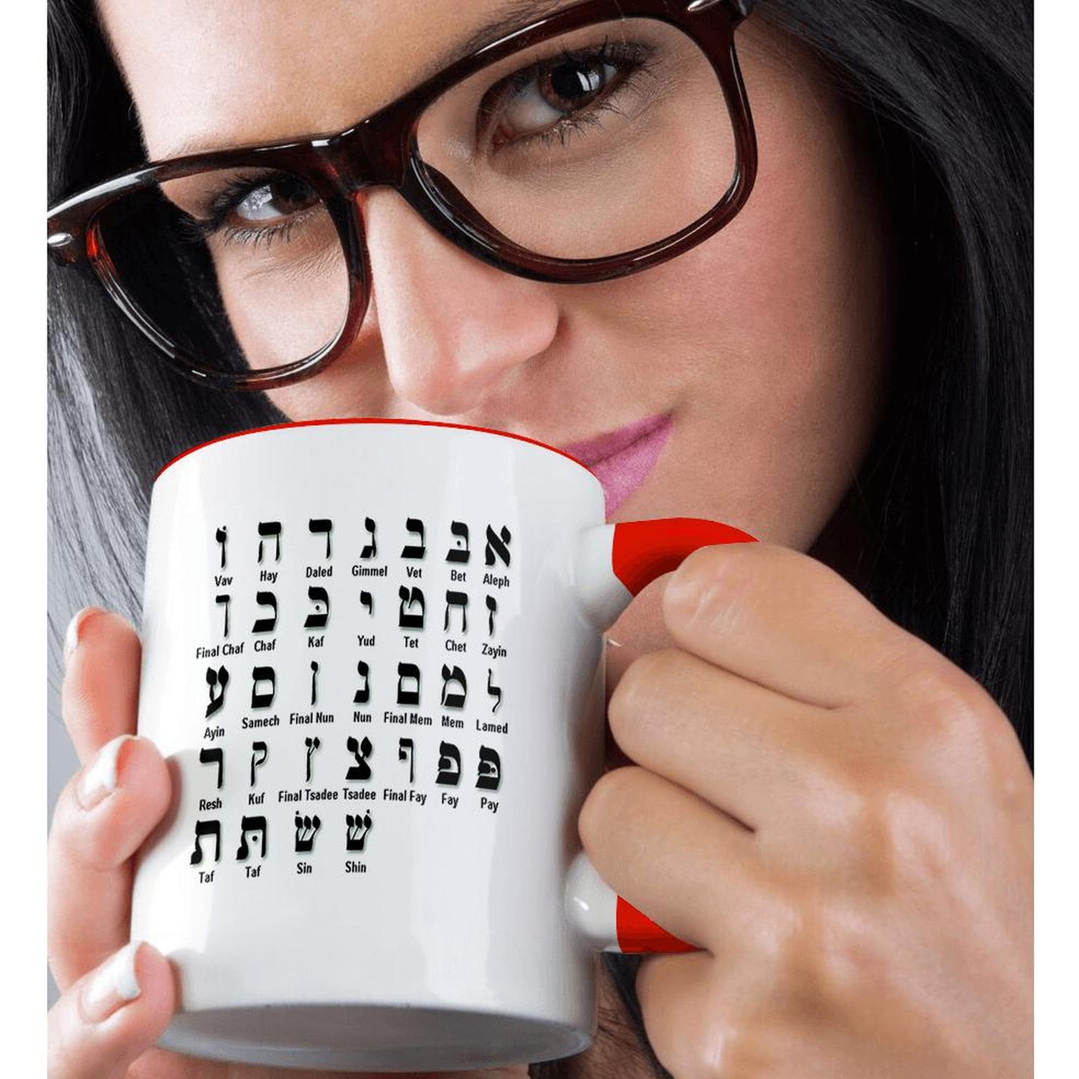 3dRose mug_203899_5 "Print Of The Hebrew Alphabet" Ceramic Mug, Red, 11 oz