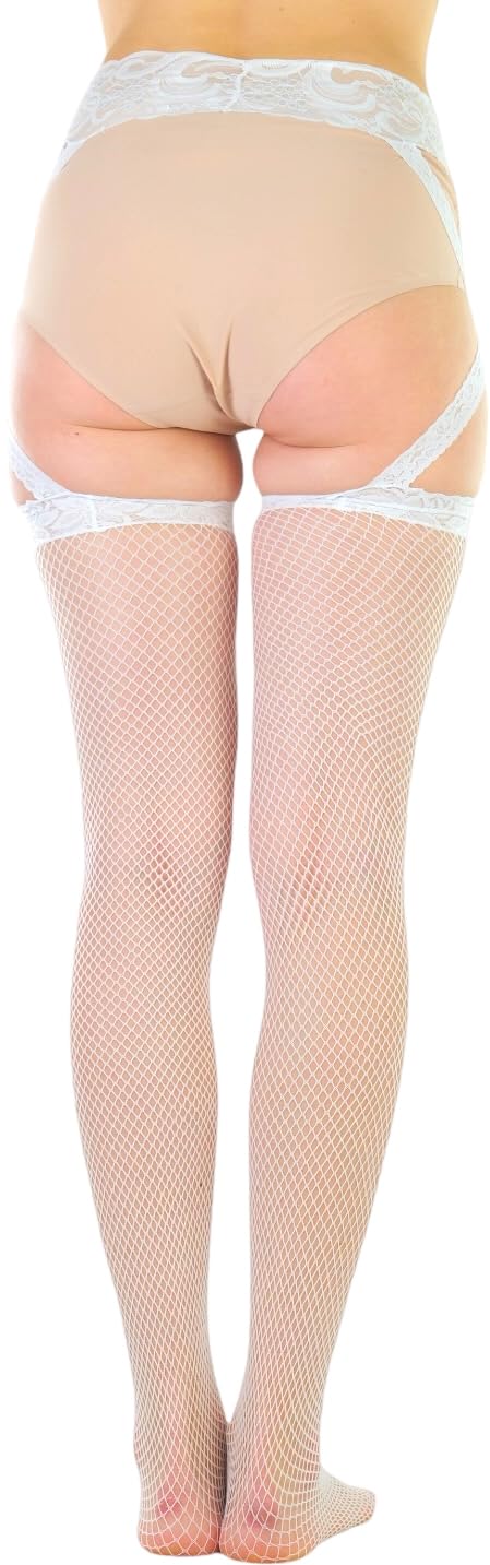 ToBeInStyle Women’s Flirtatious Hip Criss Cross Lace Fishnet Garter Belt Stockings - White - Queen