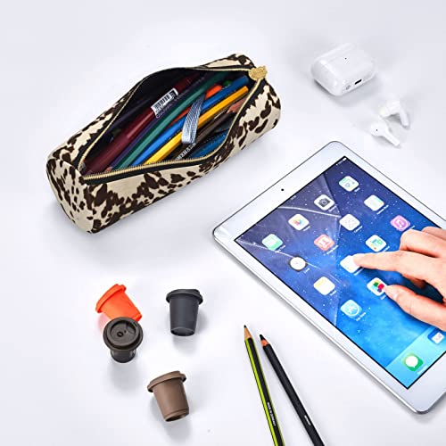 ASEELO Brown Cowhide Pencil Case Pencil Pouch Black Pencil Bag PU Leather Pen Case Big Capacity Pencil Case,for Pens, Markers, Makeups, Change, Coins