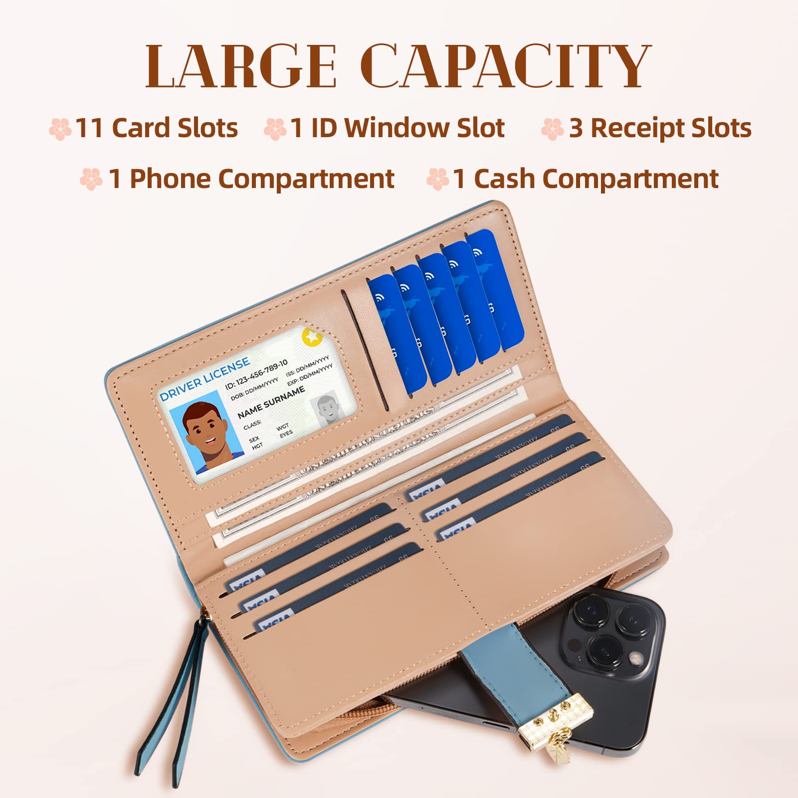 Sweet Cute Chocolate Women's Long Leaf Bifold Wallet Leather Card Holder Purse Zipper Buckle Elegant Clutch Wallet Handbag for Women-Blue