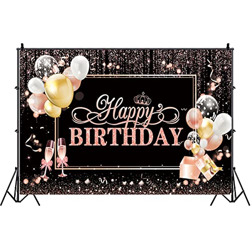 ZARROUEA Rose Gold Happy Birthday Backdrop Banner Colorful Balloon Champagne Photography Background for Girls Women Birthday Party Decorations Photo Booth Backdrops(71*45in)