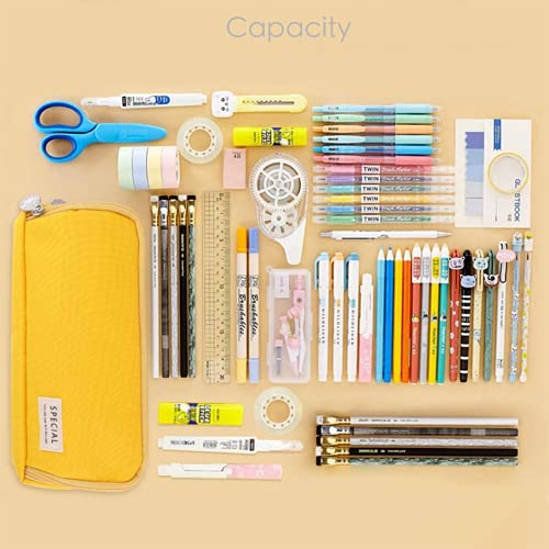 ORPHEUS Large Pencil Case Big Capacity 3 Compartments Canvas Pencil Pouch for Teen Boys Girls School Students (Yellow)