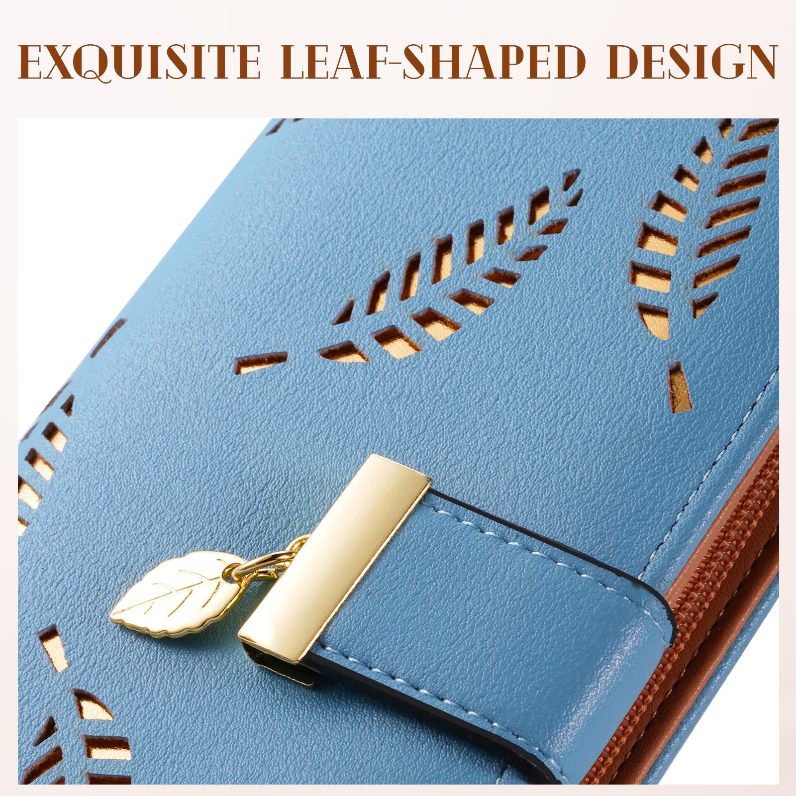 Sweet Cute Chocolate Women's Long Leaf Bifold Wallet Leather Card Holder Purse Zipper Buckle Elegant Clutch Wallet Handbag for Women-Blue