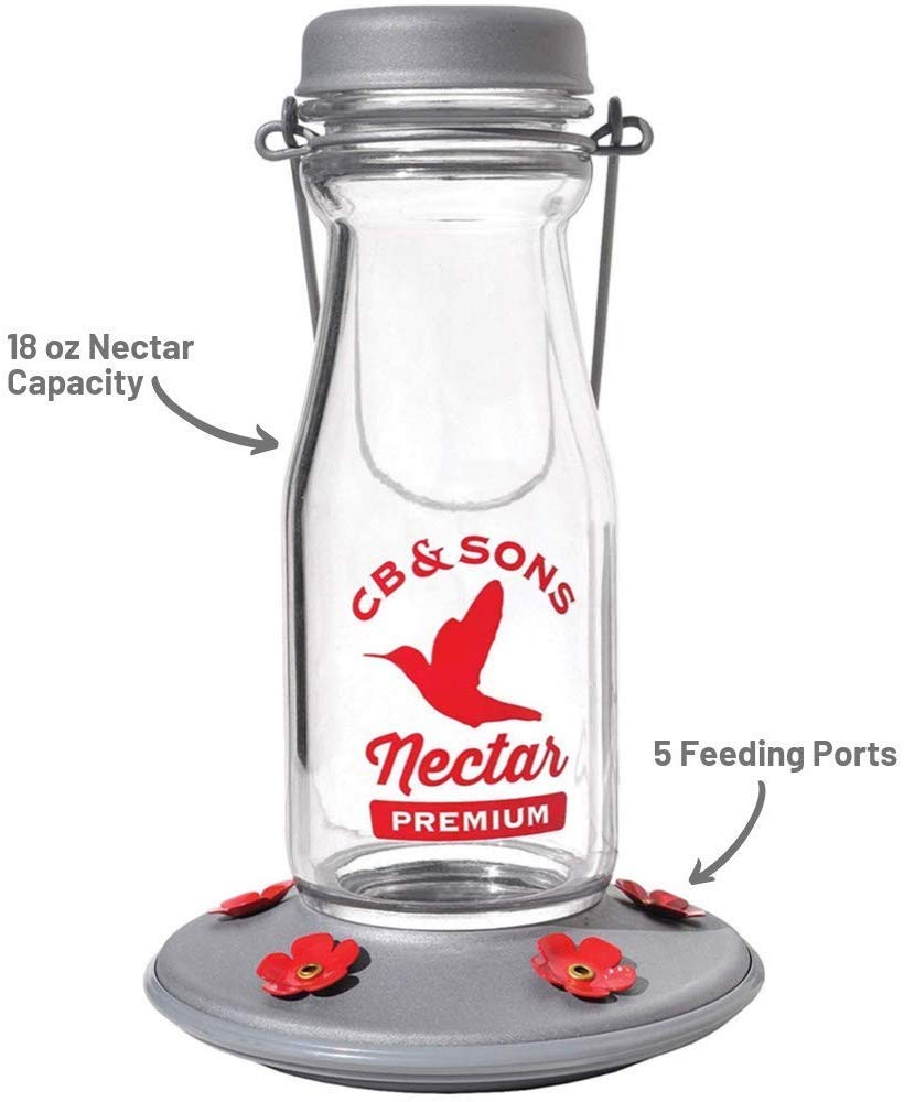 More Birds Jersey Hummingbird Feeder, Glass Milk Bottle Hummingbird Feeder for Outdoors, 5 Feeding Stations, 18 Ounces