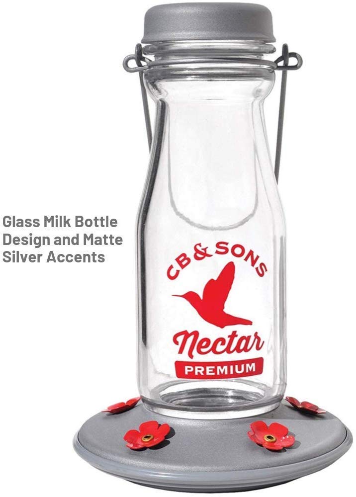 More Birds Jersey Hummingbird Feeder, Glass Milk Bottle Hummingbird Feeder for Outdoors, 5 Feeding Stations, 18 Ounces