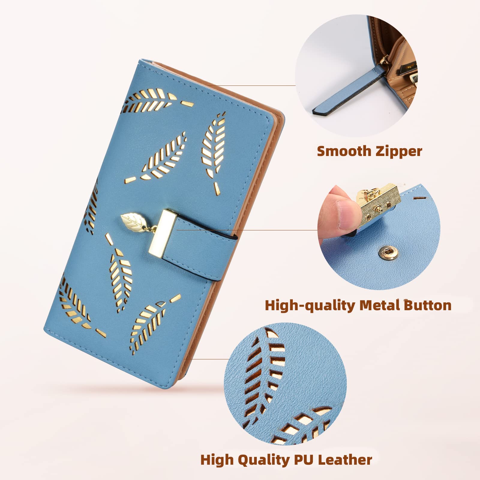 Sweet Cute Chocolate Women's Long Leaf Bifold Wallet Leather Card Holder Purse Zipper Buckle Elegant Clutch Wallet Handbag for Women-Blue