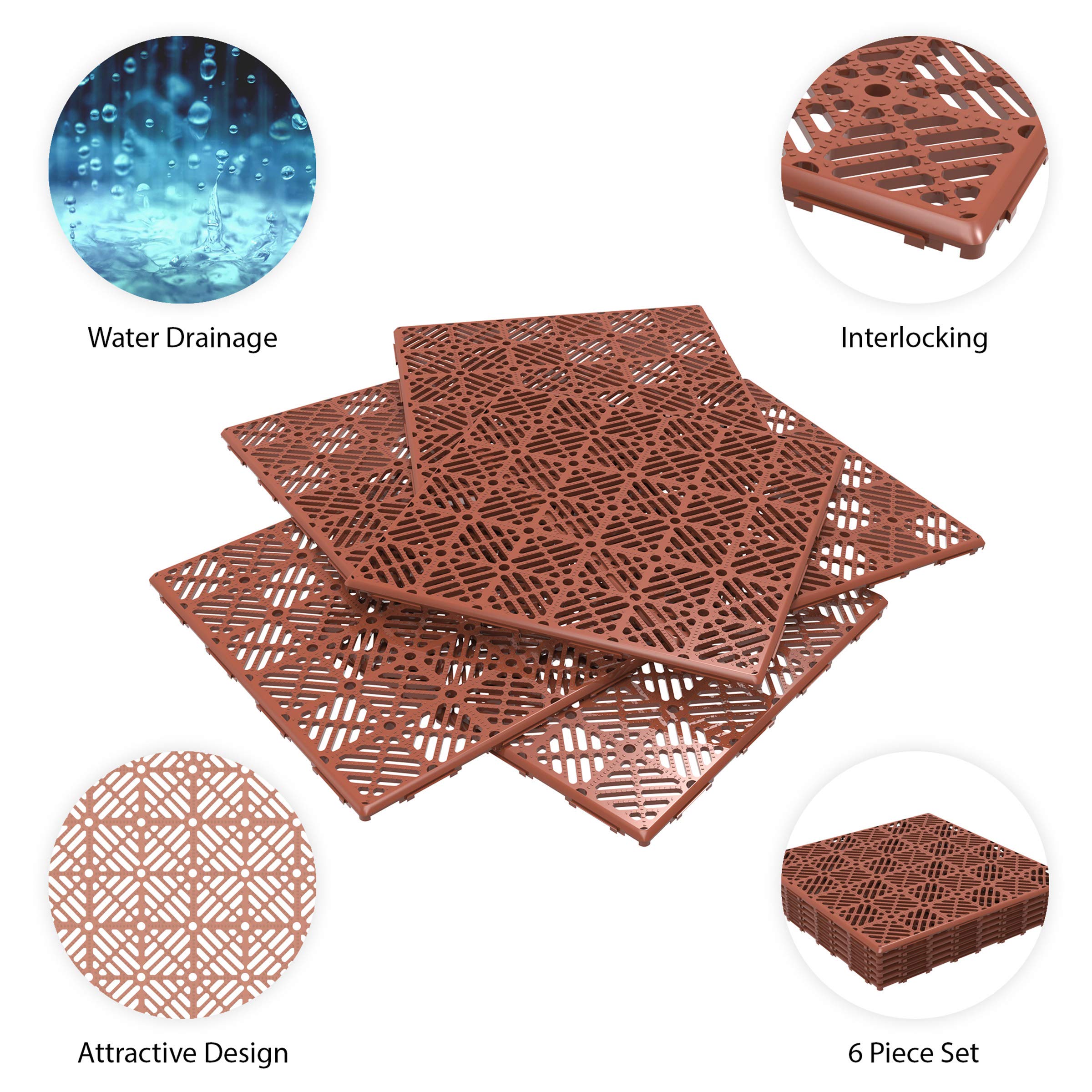 Deck Tiles - 6-Pack Pavers - Polypropylene Interlocking Patio Tiles - Outdoor Flooring for Patio, Porch, Garage, or Pool Deck by Pure Garden (Terracotta)