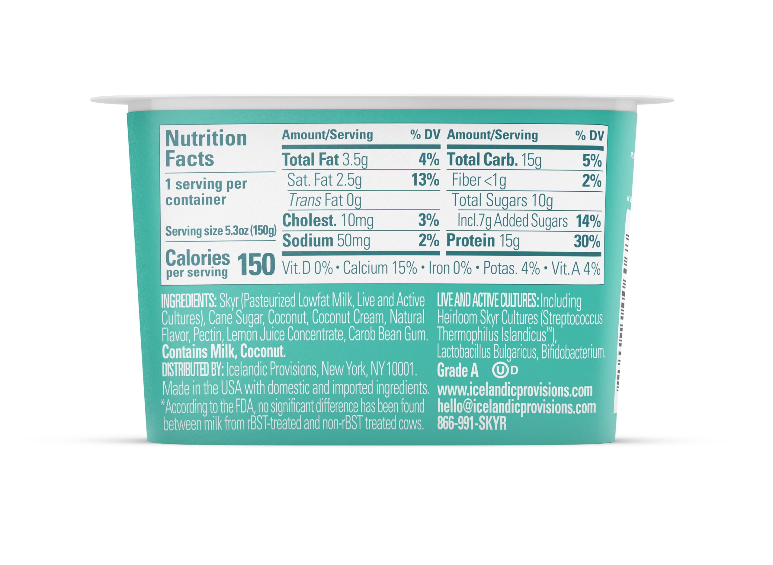Icelandic Provisions 5.3oz Traditional Skyr Yogurt, Coconut, Icelandic Cultured Dairy Product With 15g Protein Per Serving | Thick & Creamy Texture | More Protein & Less Sugar Than Yogurt