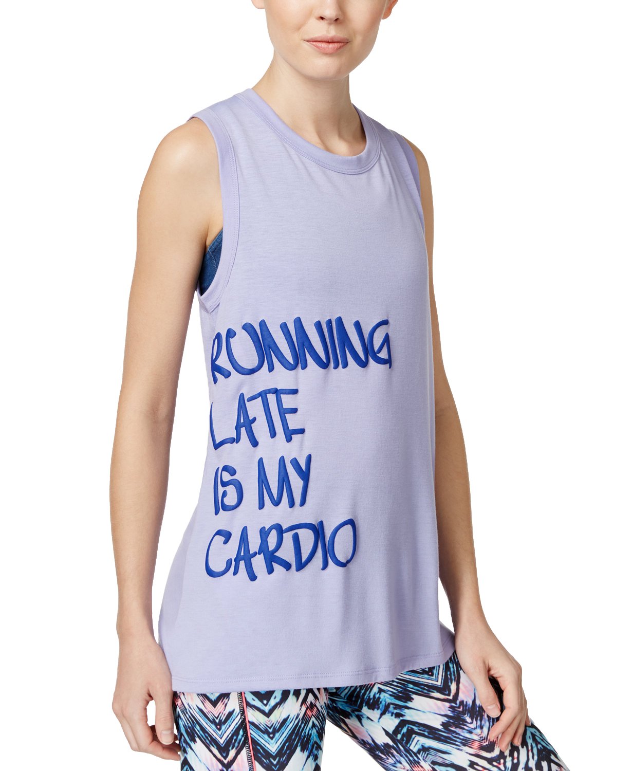 Jessica Simpson The Warm Up Juniors' Running Late is My Cardio Open-Back Graphic Tank Top