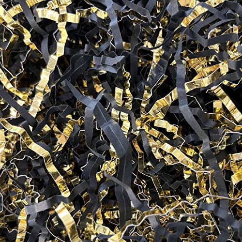 Crinkle Cut Paper Shred Filler (1/2 LB) for Valentine's Day Gifts Craft DIY's Packaging, Black & Gold Shredded paper for Gift Box, Wrapping & Basket Filling for Christmas, Halloween & Wedding Decorations (Black & Gold)