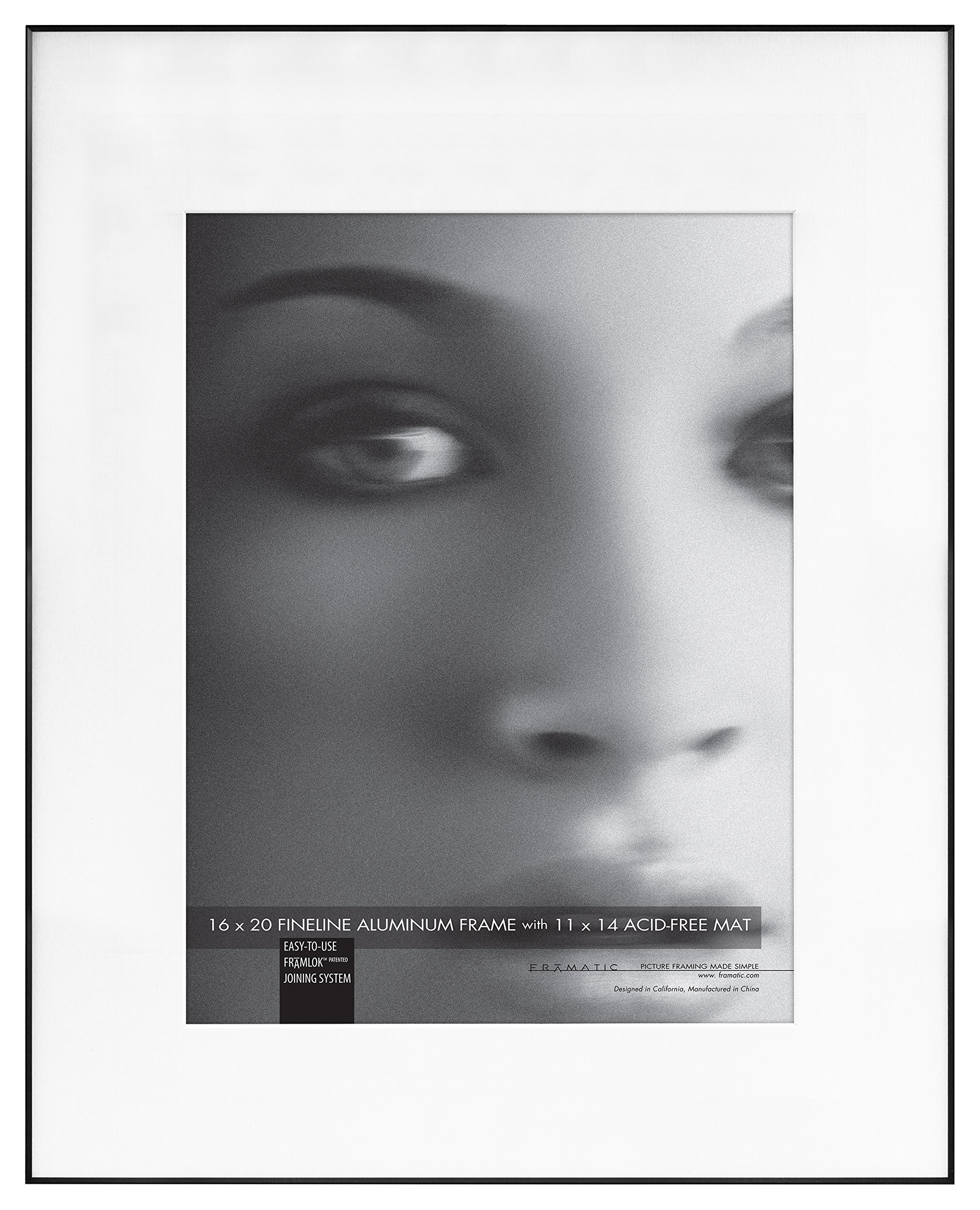 MCS Framatic Fineline Aluminum Frame, Black, 16 x 20 in matted to 11 x 14 in, Single