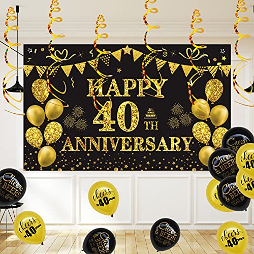 DARUNAXY 40th Wedding Anniversary Decorations, Large Happy 40th Anniversary Banner Backdrop 70 x 43 Inches, Black and Gold Party Balloons, Hanging Swirls for Indoor Outdoor Home Wall Party Supplies