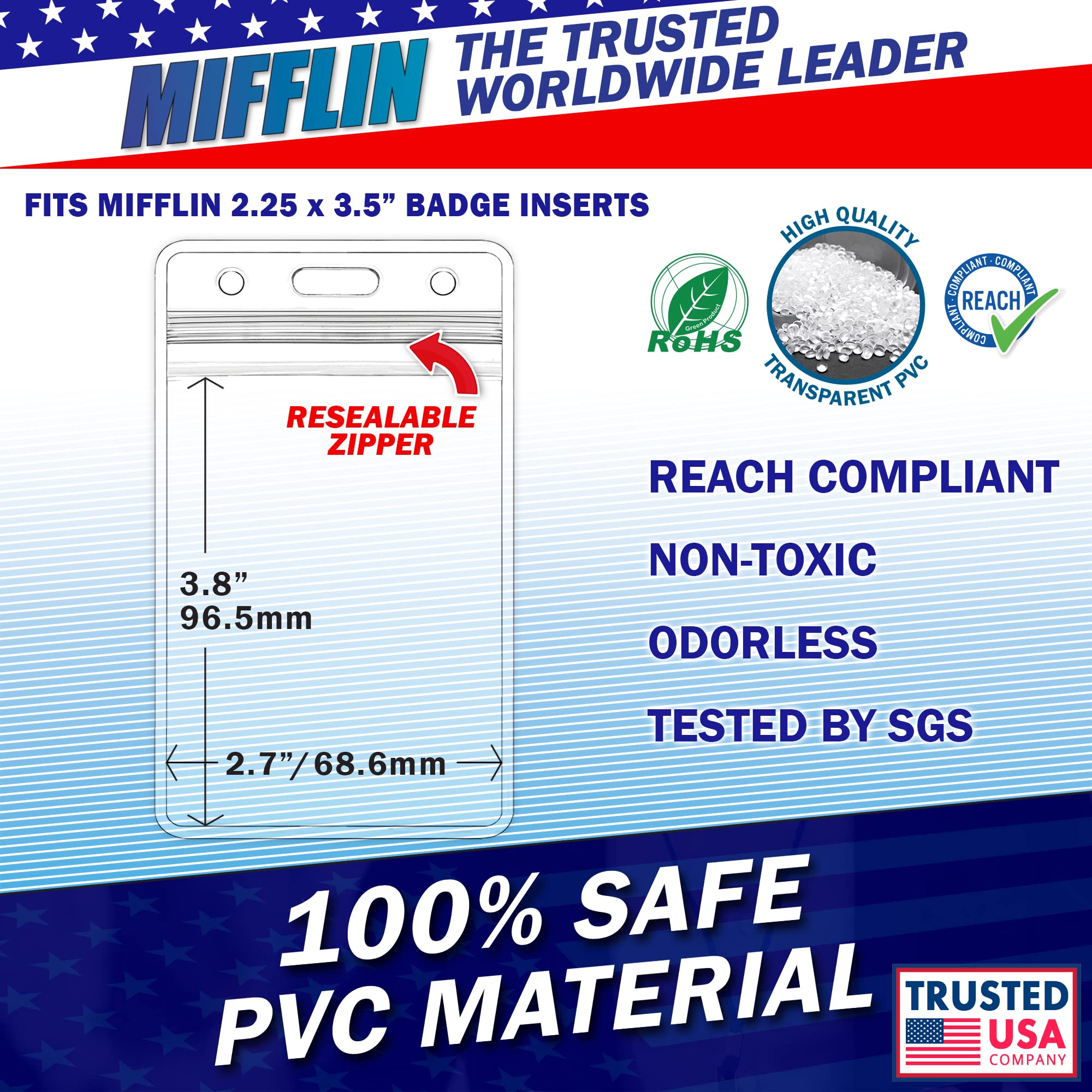 Mifflin-USA Plastic Waterproof ID Badge Holders (Clear, 2.25x3.5 Inch, 10 Pack), Vertical Hanging Name Card Holder with Zipper, Resealable Bulk Nametag Holders