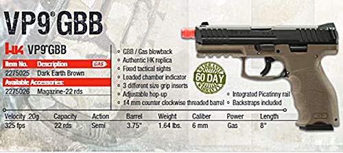 HK Heckler & Koch VP9 GBB Blowback 6mm BB Pistol Airsoft Gun, FDE