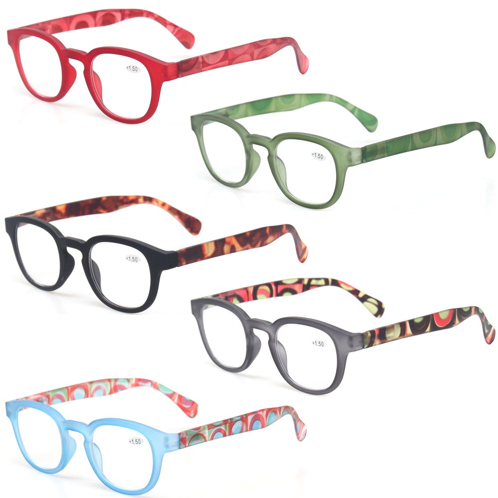 Kerecsen Reading Glasses Fashion Men and Women Readers Spring Hinge with Pattern Design Eyeglasses for Reading (5 Pack Mix Color, 2.0)