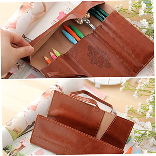 Pencil Bag Pen Pouch Leather Vintage 21x8cm Brown Roll Up Case Retro Stationery Storage School Supply Pen Case Leather Pencil Bag,Pencil Leather Roll Pouch,Pencil Pouch Bag,Pencil Roll
