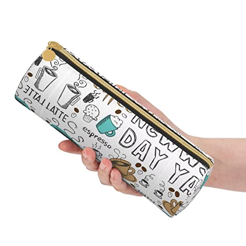 ASEELO Delicious Coffee Pencil Case Pencil Pouch Black Pencil Bag PU Leather Pen Case Big Capacity Pencil Case,for Pens, Markers, Makeups, Change, Coins