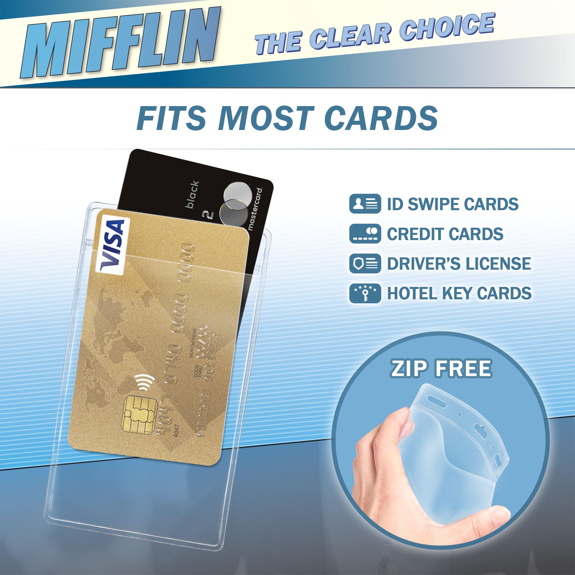 Mifflin-USA Plastic Waterproof ID Badge Holders (Clear, 2.25x3.5 Inch, 10 Pack), Vertical Hanging Name Card Holder with Zipper, Resealable Bulk Nametag Holders