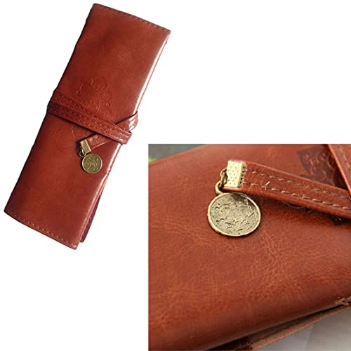 Pencil Bag Pen Pouch Leather Vintage 21x8cm Brown Roll Up Case Retro Stationery Storage School Supply Pen Case Leather Pencil Bag,Pencil Leather Roll Pouch,Pencil Pouch Bag,Pencil Roll