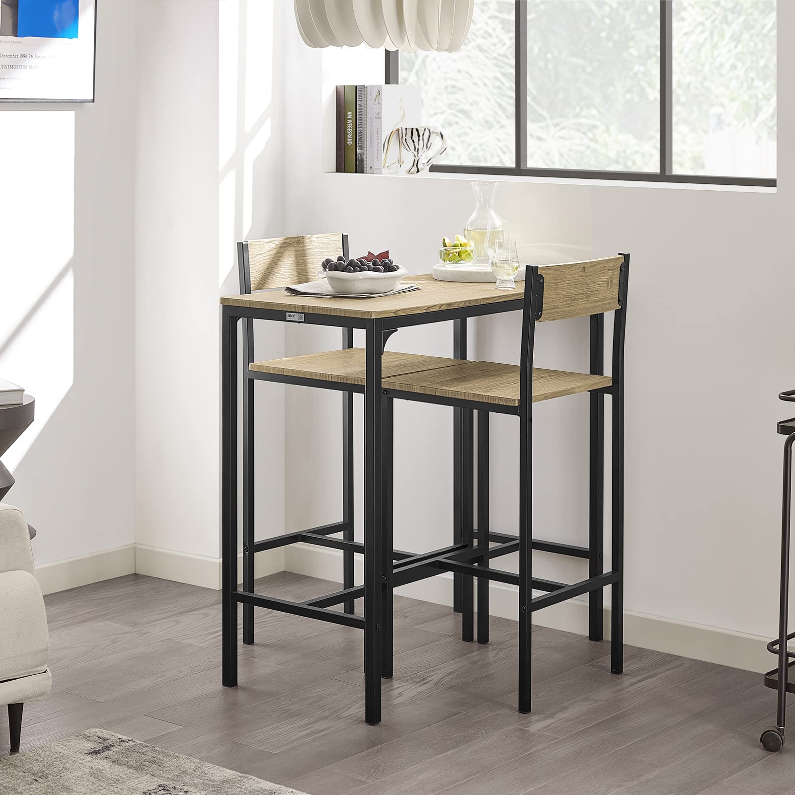 Haotian SoBuy 3 Piece Dining Set, Dining Table with 2 Stools, Bar Table Set, Home Kitchen Counter Breakfast Table, Bar Table with 2 Bar Chairs, Natural OGT03-N