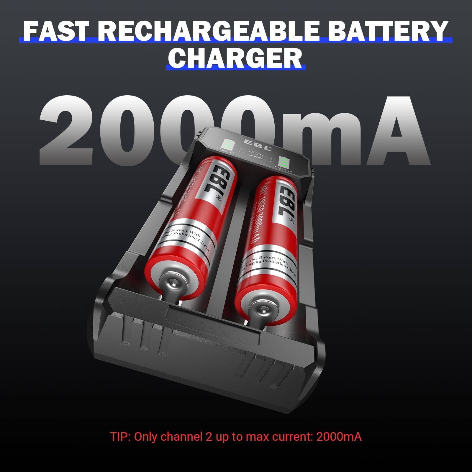 EBL Smart Rapid Battery Charger for Rechargeable 3.7V/3.6V Li-ion IMR Batteries 26650 18650 21700 14500 16340(RCR123), Ni-MH/Ni-Cd AA AAA C Batteries, Upgraded