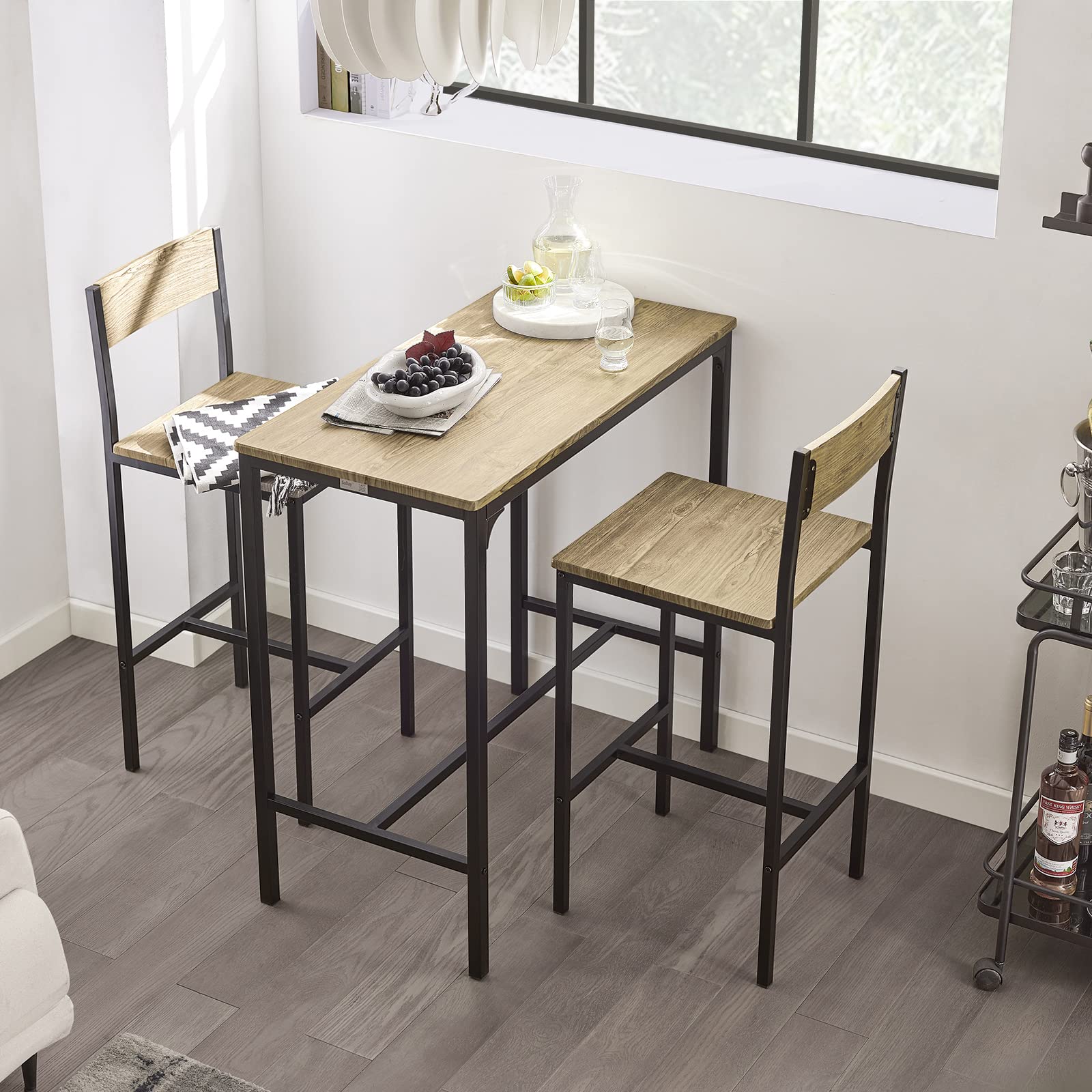 Haotian SoBuy 3 Piece Dining Set, Dining Table with 2 Stools, Bar Table Set, Home Kitchen Counter Breakfast Table, Bar Table with 2 Bar Chairs, Natural OGT03-N