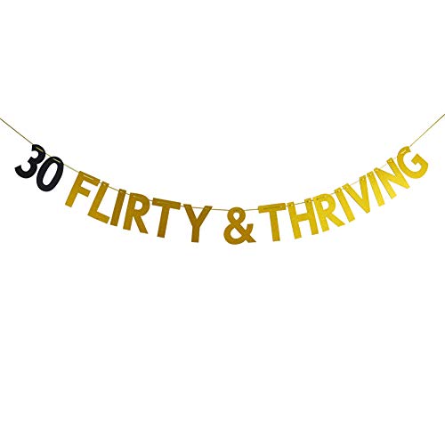 30 Flirty & Thriving Banner, 30th Birthday Bunting Sign, Dirty Thirty Party Decorations, Dirty 30 Party Sign, Gold and Black Glitter