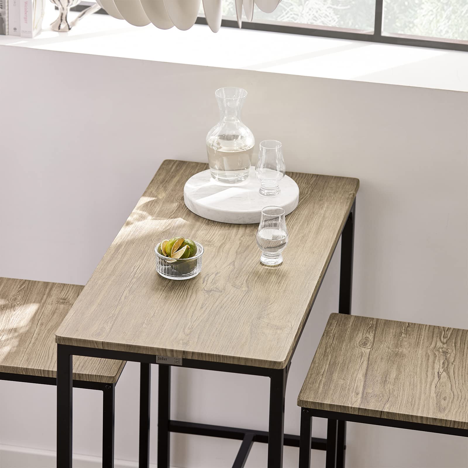 Haotian SoBuy 3 Piece Dining Set, Dining Table with 2 Stools, Bar Table Set, Home Kitchen Counter Breakfast Table, Bar Table with 2 Bar Chairs, Natural OGT03-N