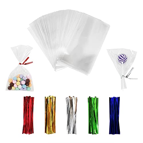 100PCS Cellophane Bags 3x5 inches, Clear Treat Bags with 4ββ Twist Ties, Plastic Cello Bags - 1.4 mils Thick OPP Rice Crispy Bags for Gift Goodie Favor Candy Cake Pop Birthday Party Cookies (3ββ x 5ββ)