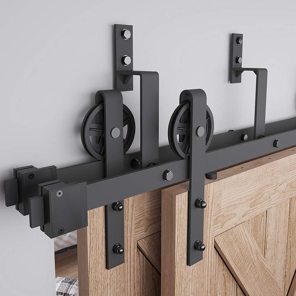 ZEKOO 5-18 FT Bypass Barn Door Hardware for Double Barn Door, Barn Door Track for Sliding Closet Door, Heavy Duty Double Bypass Barn Door Kit Big Black Spoke Hangers (6FT Bypass Double Door Kit)