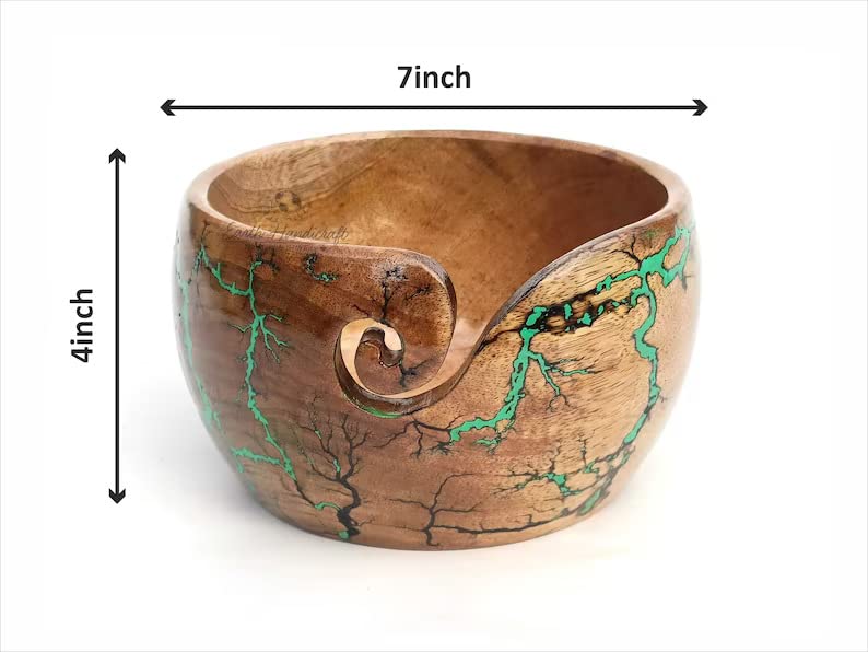 Rosewood Epoxy Resin Yarn Bowl for Multilple Uses - Lichtenberg Figure Yarn Bowl for Knitting and Crochet Holder/Yarn Storage Bowl (7"x4") (Green)