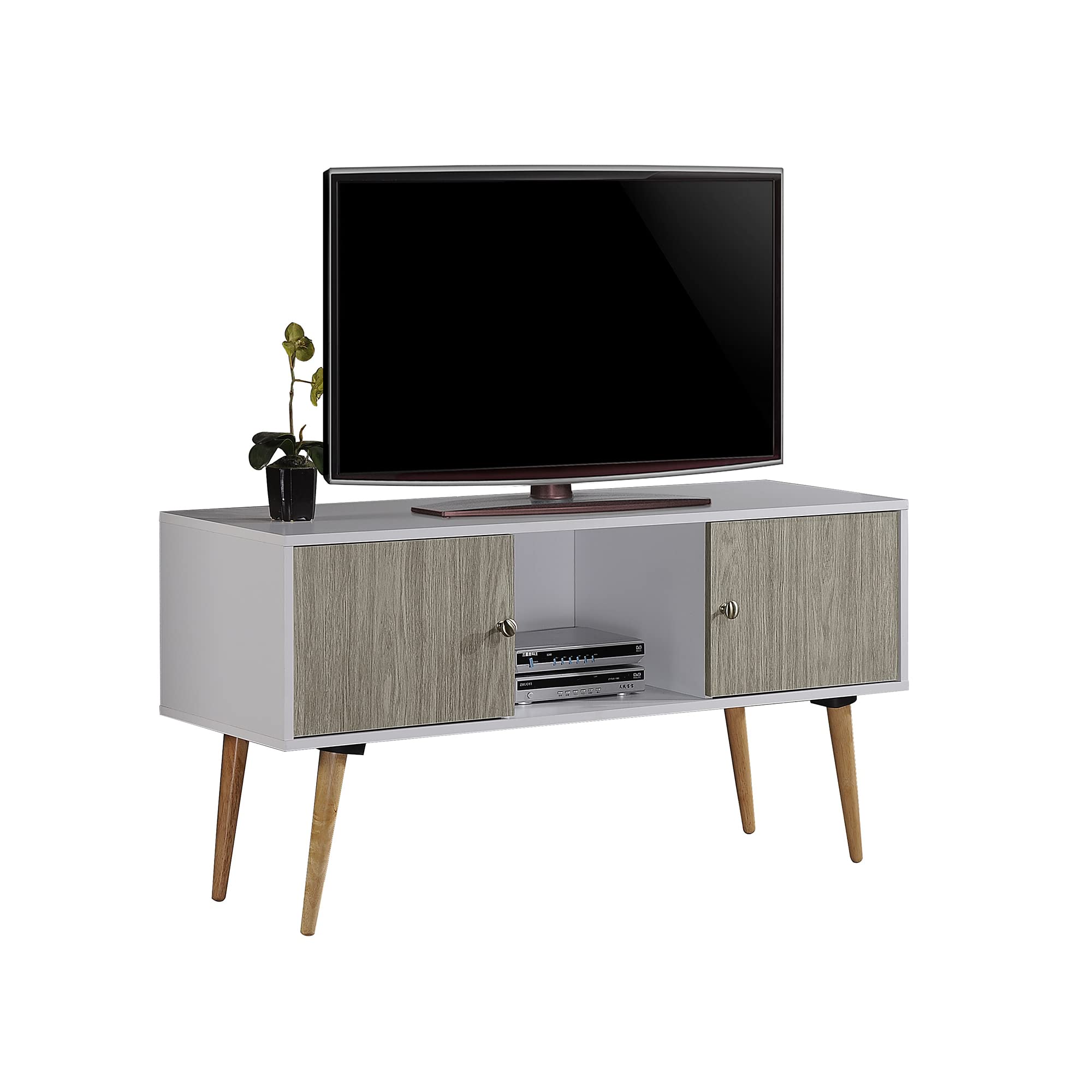 Hodedah Retro Style TV Stand with Two Storage Doors, and Solid Wood Legs, White
