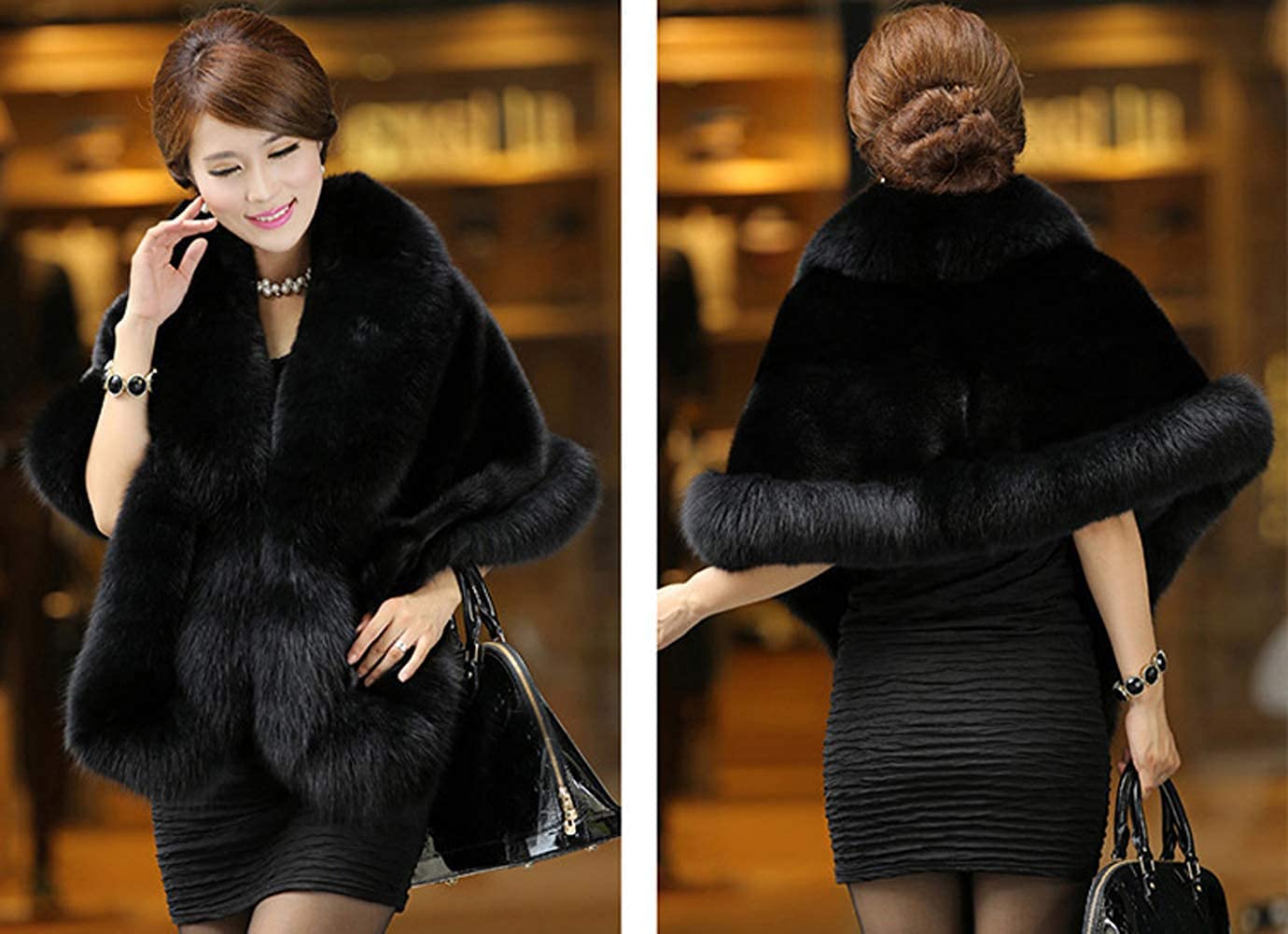 Caracilia Women Luxury Faux Fur Coat Jackets Wrap Cape Shawl for Wedding Party