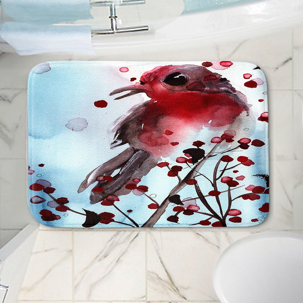 Dia Noche Designs, Bath and Kitchen Floor Mats, Small 24 x 17 in, BR-DawnDermanRedFinchinWinter1