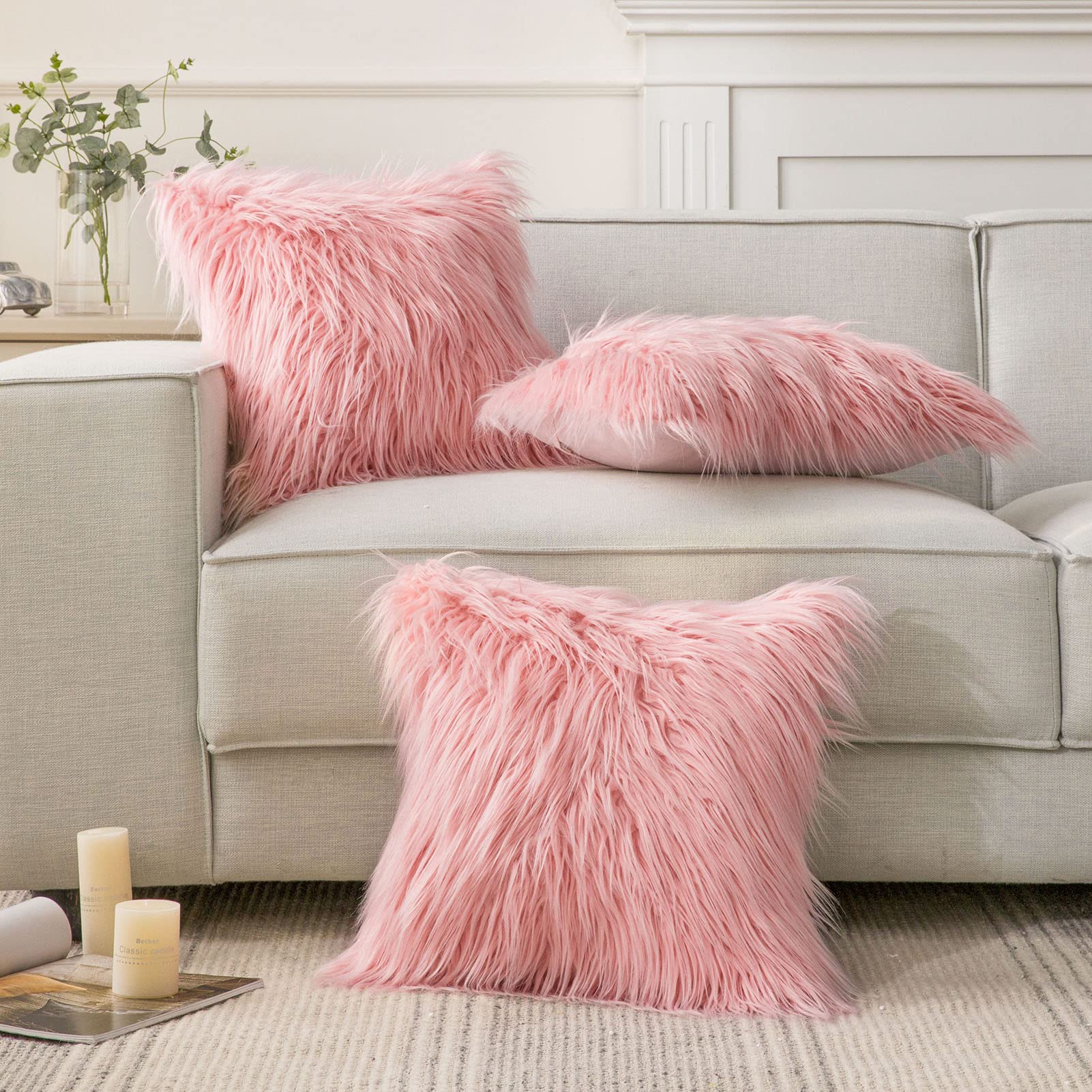 Phantoscope Faux Fur Solid Decorative Pillow Cover Fluffy Throw Pillow Mongolian Luxury Fuzzy Pillow Case Cushion Cover for Bedroom and Couch,Pink 18 x 18 Inches