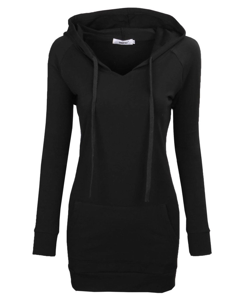BEPEI Womens Long Sleeve Tunic Sweatshirt String Hoodie with Pocket Extra Long Tunic Sweaters to Wear with Leggings Fall and Winter Tops Trendy 2024 Dressy Casual Clothing Plain Warm Hoodies Black S